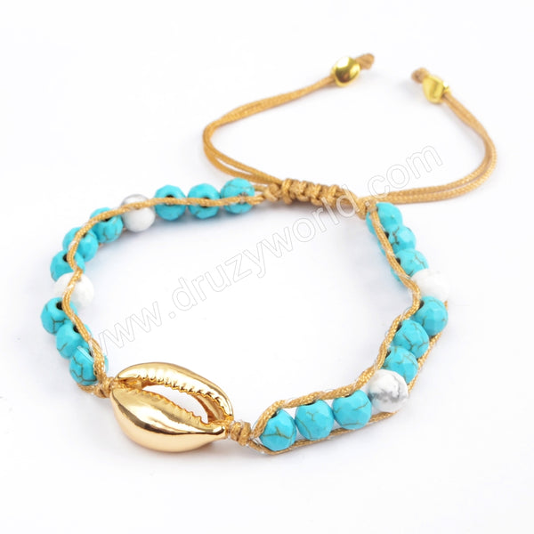 Bohemian Adjustable Gold Cowrie Shell Wire Wrap Beaded Bracelet, Handm ...