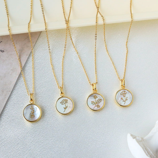 16" Gold Plated Round White Shell Carved Birth Month Flower Necklace ...