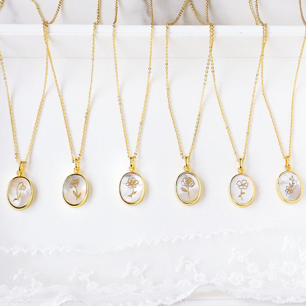 16" Gold Bezel Oval White Shell Birth Flower Necklace, Month Flower Gi ...